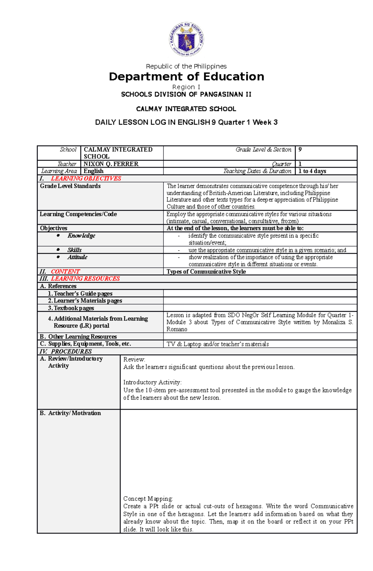 G9 Q1 Week3 Communicative Styles - Republic of the Philippines ...