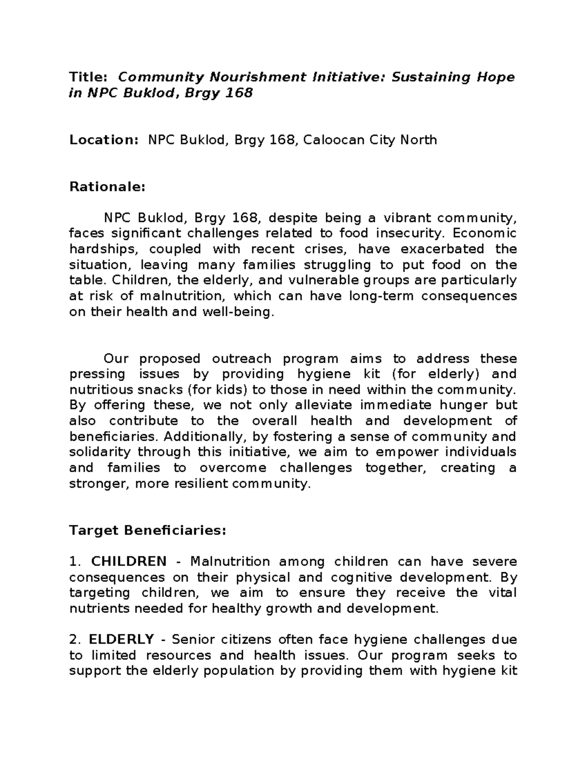 Voluntary Sector Management - Title: Community Nourishment Initiative ...