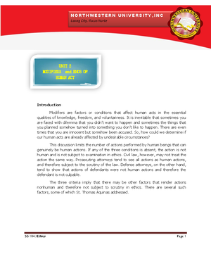 Module 1-unit3-ethics - N O R T H W E S T E R N U N I V E R S I T Y , I N C Laoag City, Ilocos ...