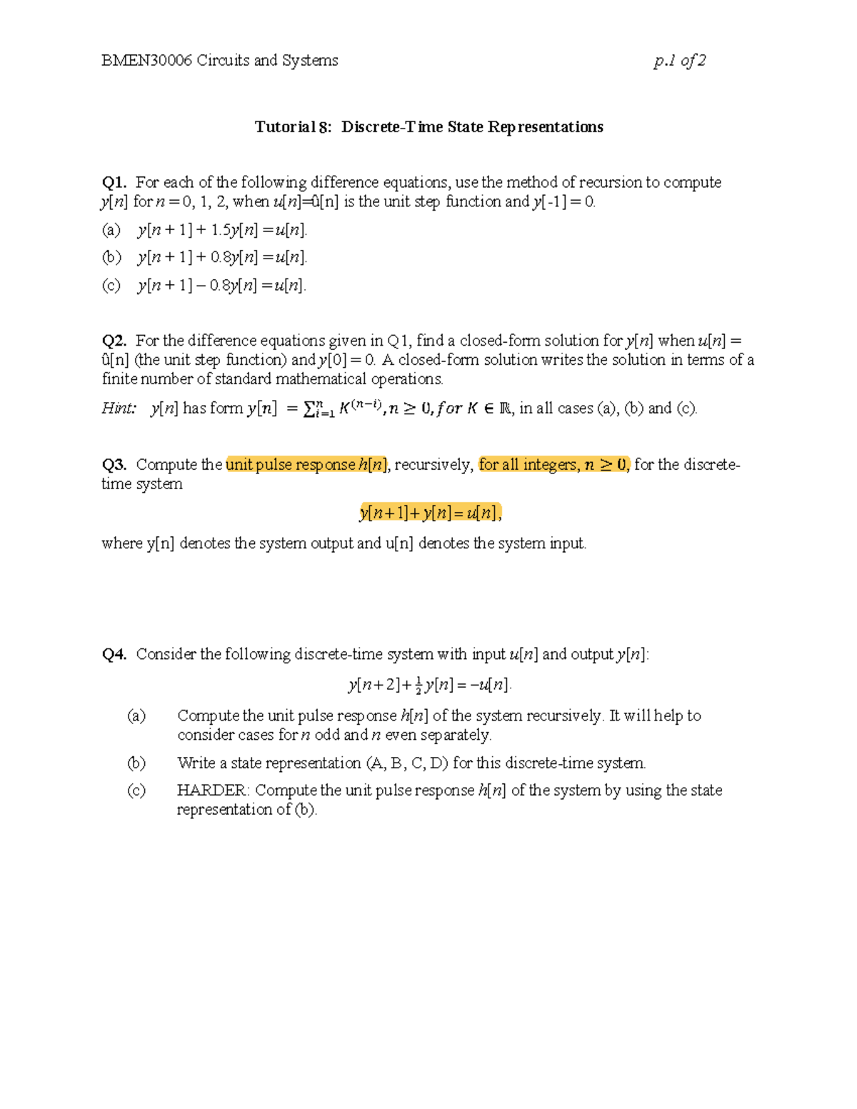 BMEN30006 Tutorial 8 DT State Representations - BMEN30006 Circuits and Systems p. 1 of 2 ...