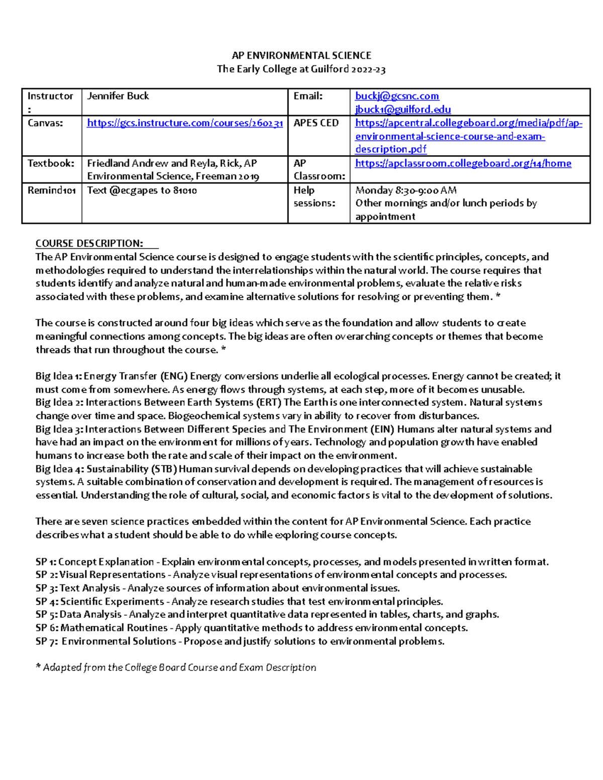 APES syllabus 2022-23-4 - AP ENVIRONMENTAL SCIENCE The Early College at ...