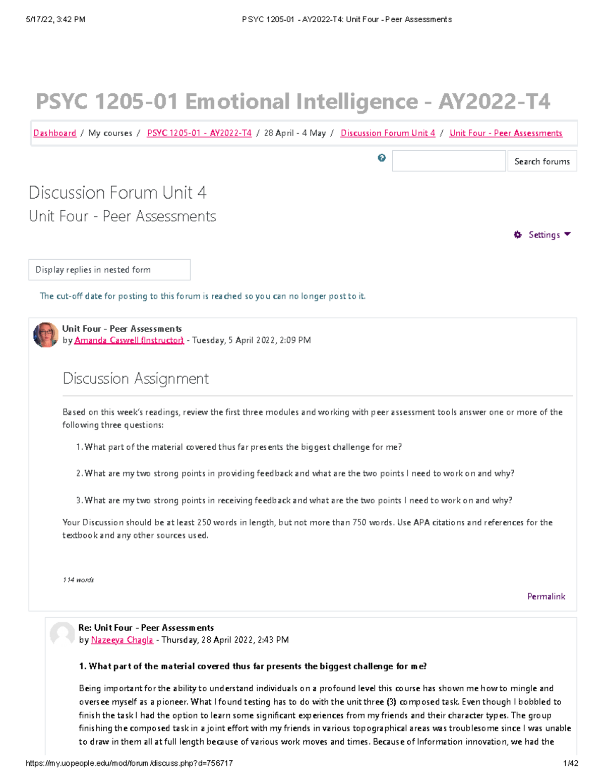 PSYC 1205-Discussion Forum - AY2022-T4 Unit Four - Peer Assessments - PSYC 1205-01 Emotional ...