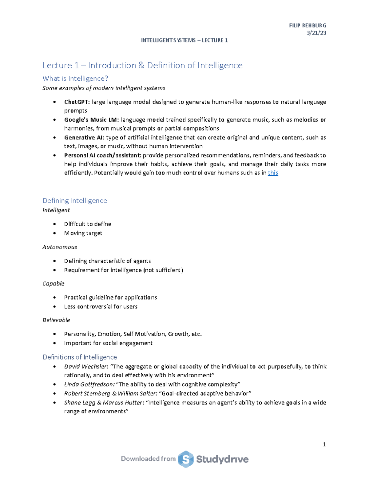 Lecture 1 Filip Rehburg 321 Intelligent Systems Lecture 1 Lecture 1 Introduction