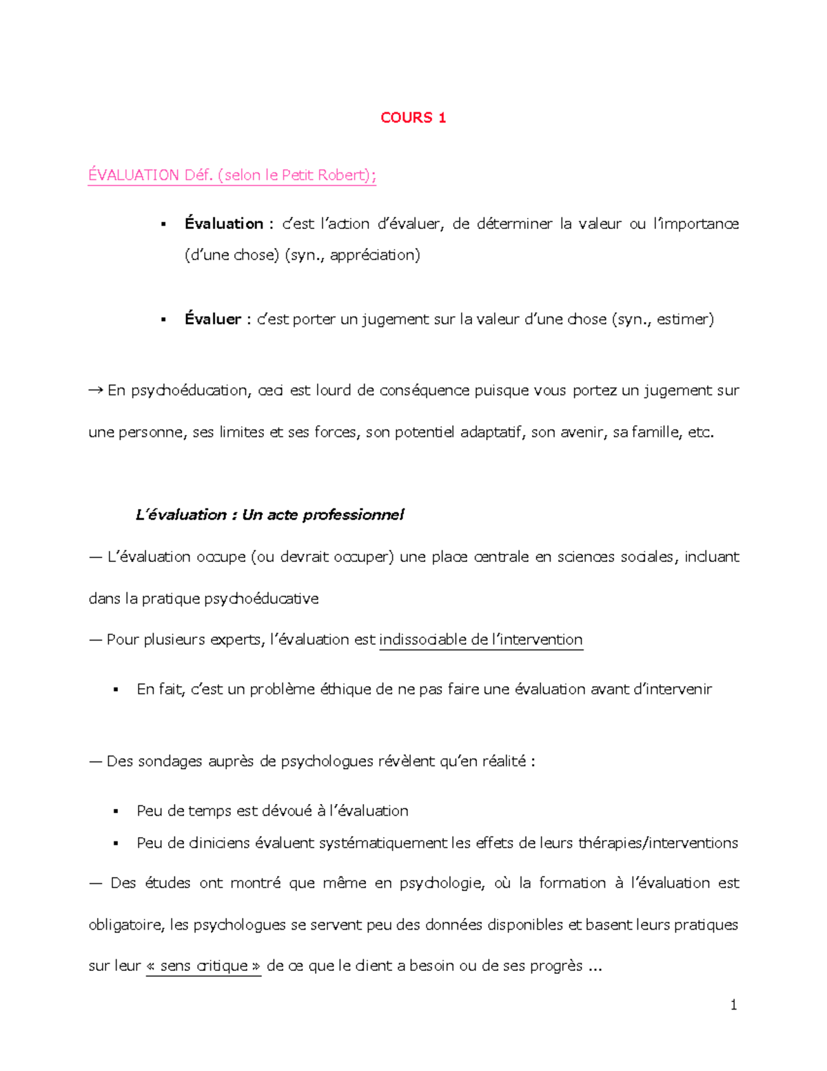 Préparation Examen Intra PSE2202 - COURS 1 ÉVALUATION Déf. (selon le Petit Robert); § Évaluation ...