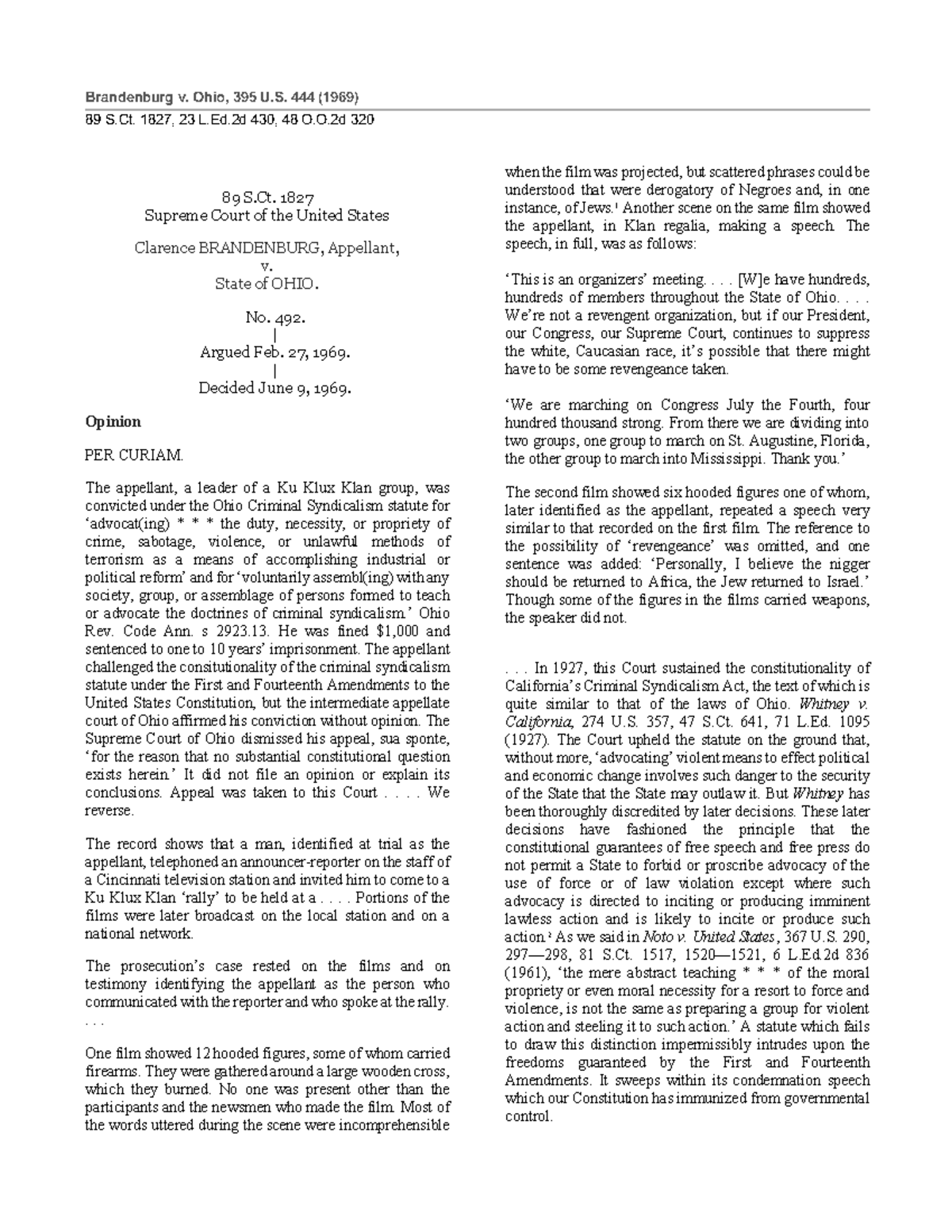 Brandenburg v Ohio (edited by NIB) - Brandenburg v. Ohio, 395 U. 444 ...