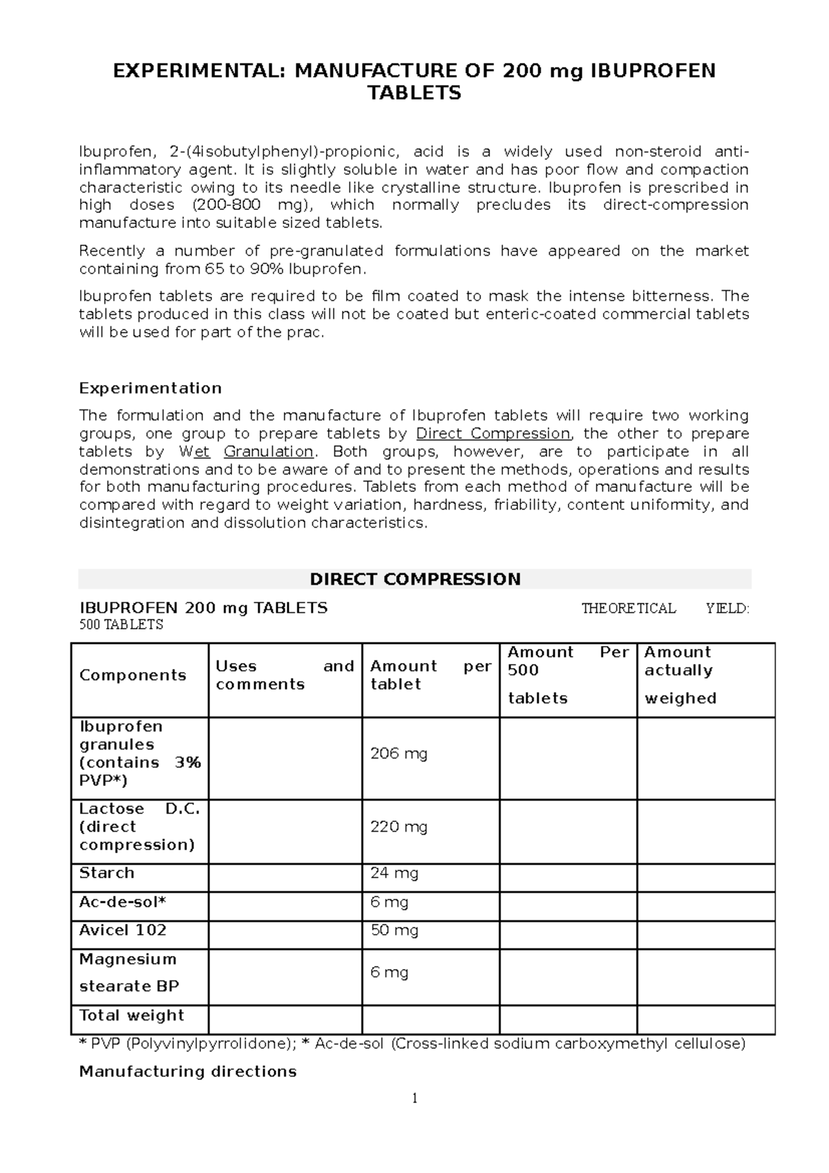 Laboratory Course Book - EXPERIMENTAL: MANUFACTURE OF 200 mg IBUPROFEN ...