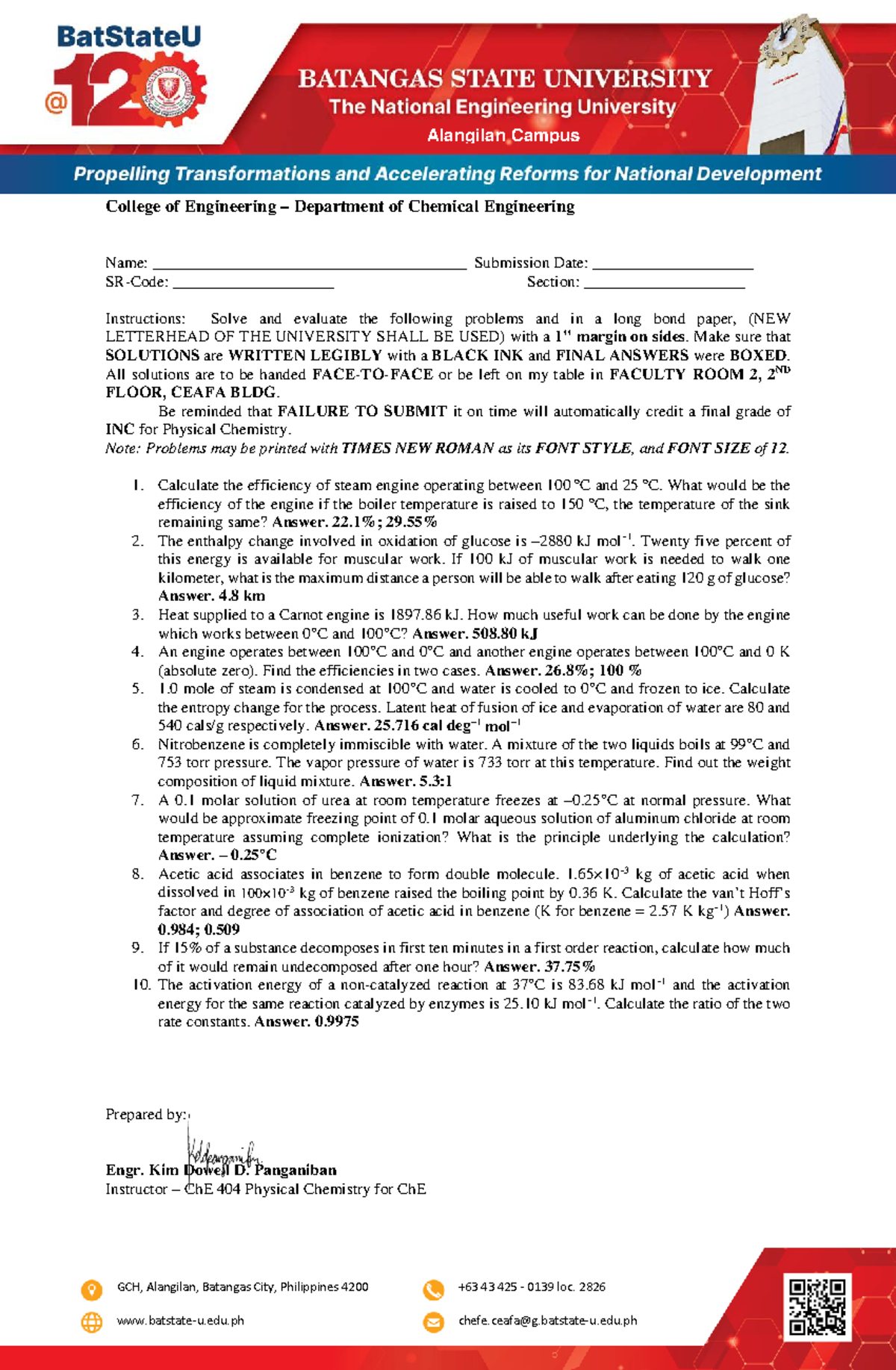 Ch E 2201-2205 Problem Set #2 - Lecture 5-9 - College of Engineering ...