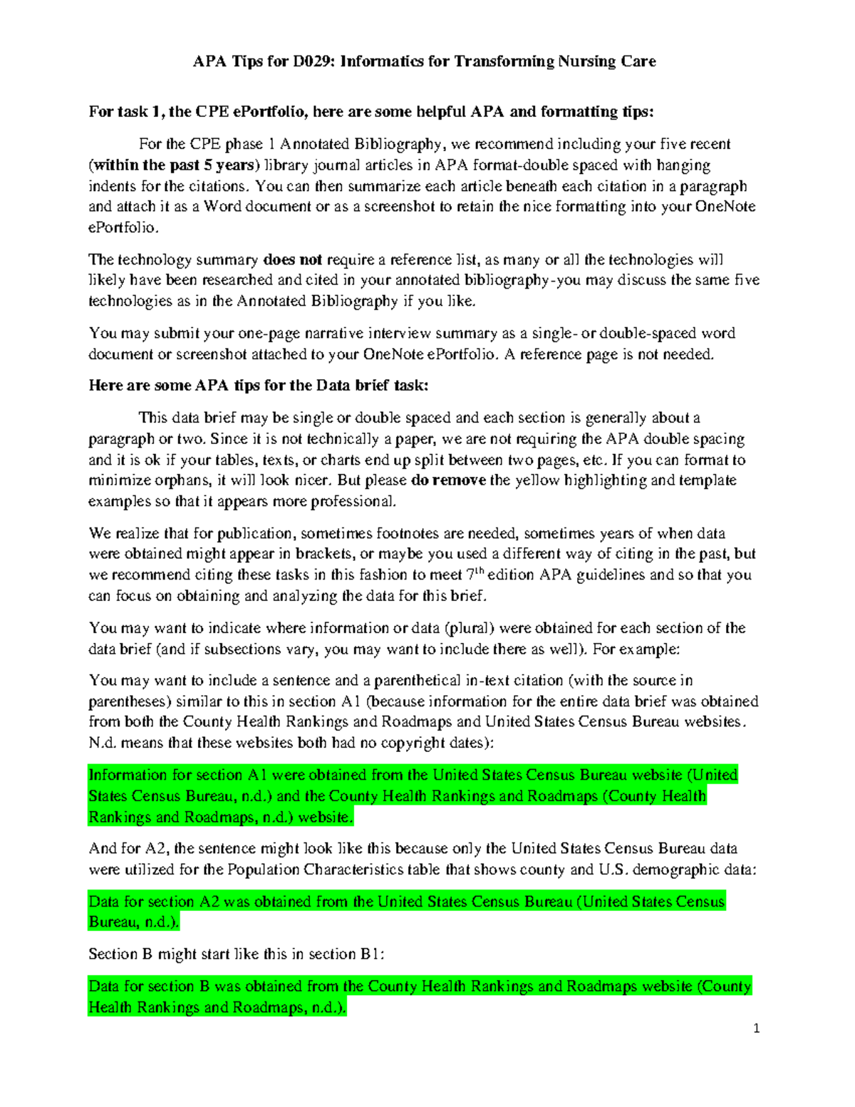 APA Tips for D029 - APA Tips for D029 - For task 1, the CPE ePortfolio ...