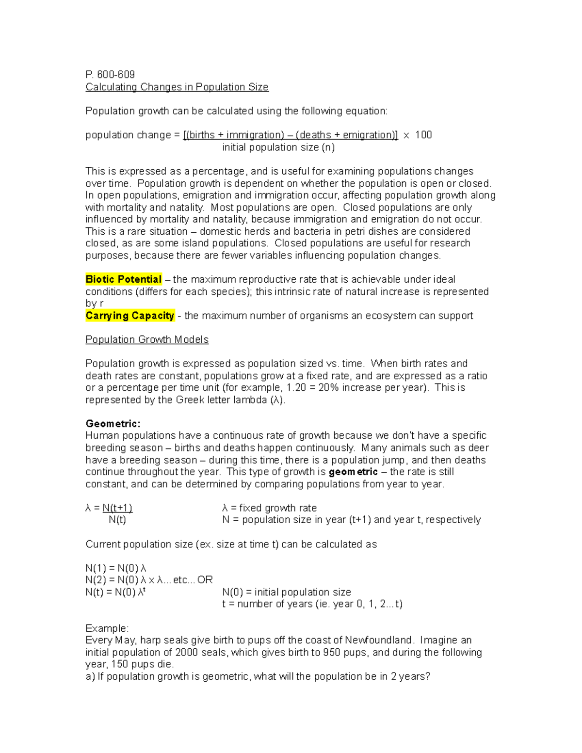 Calculating Changes in Population Size - P. 600- Calculating Changes in ...