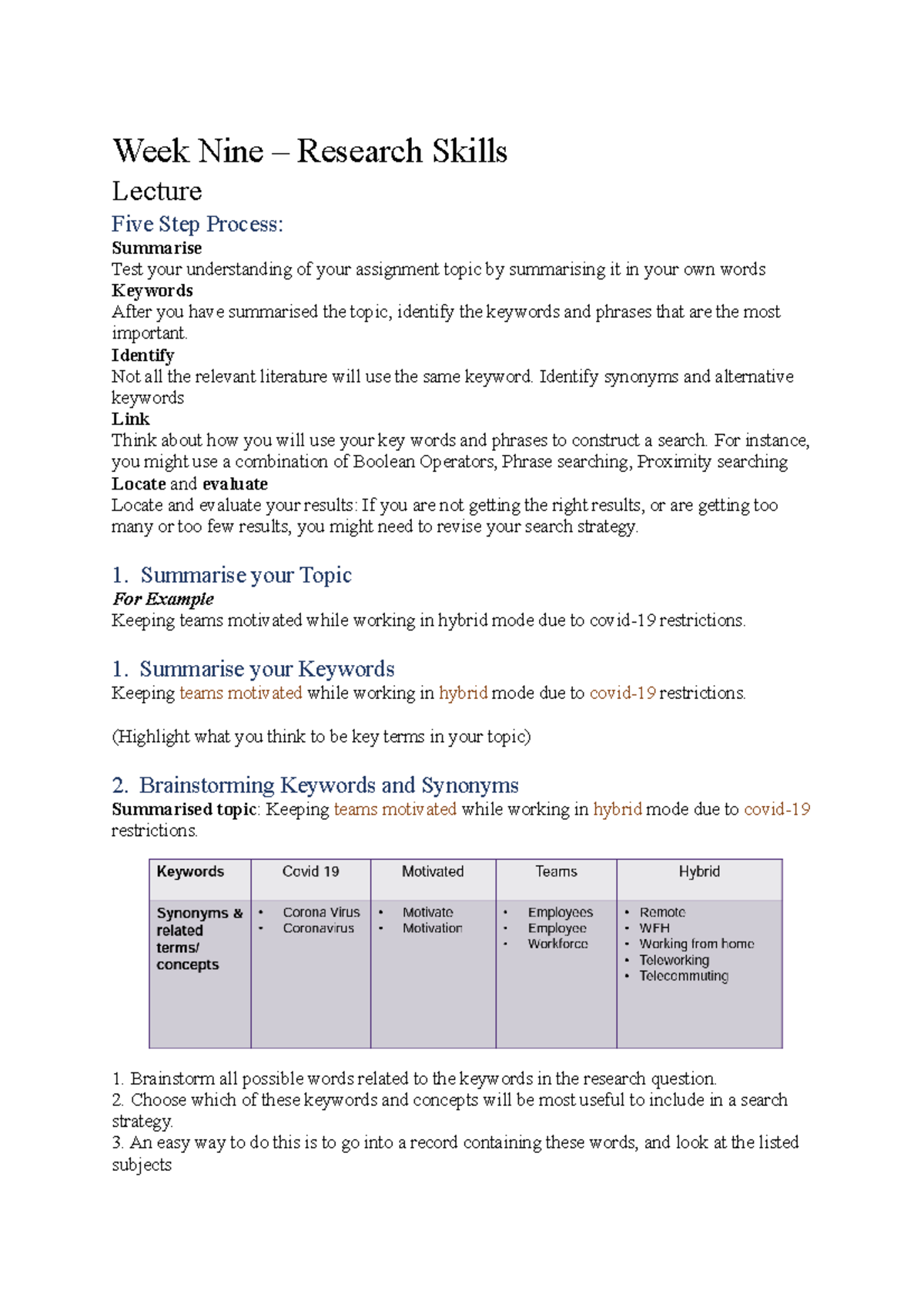 Research Notes - Week Nine – Research Skills Lecture Five Step Process ...