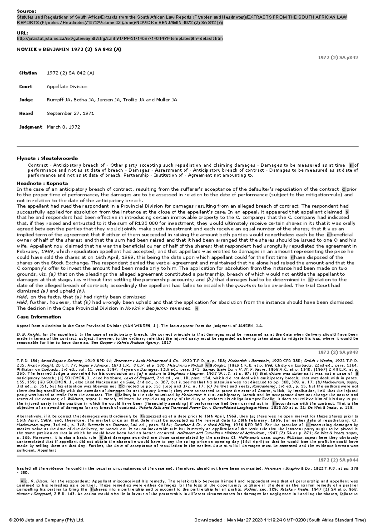 Novick v Benjamin 1972 (2) SA 842 (A) - Source: Statutes and ...