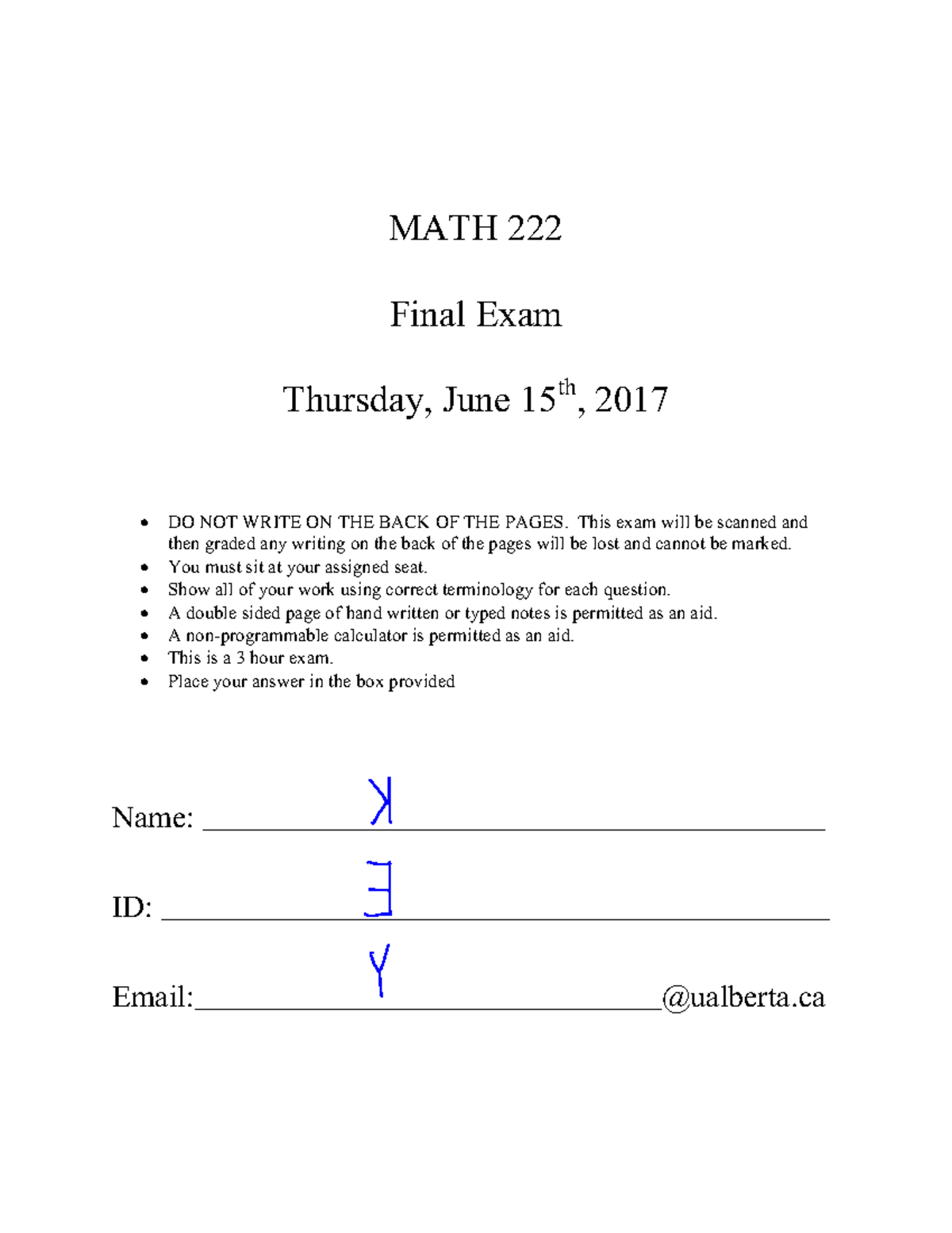 Math 111 final study guide - MATH 222 Final Exam Thursday, June 15 th ...