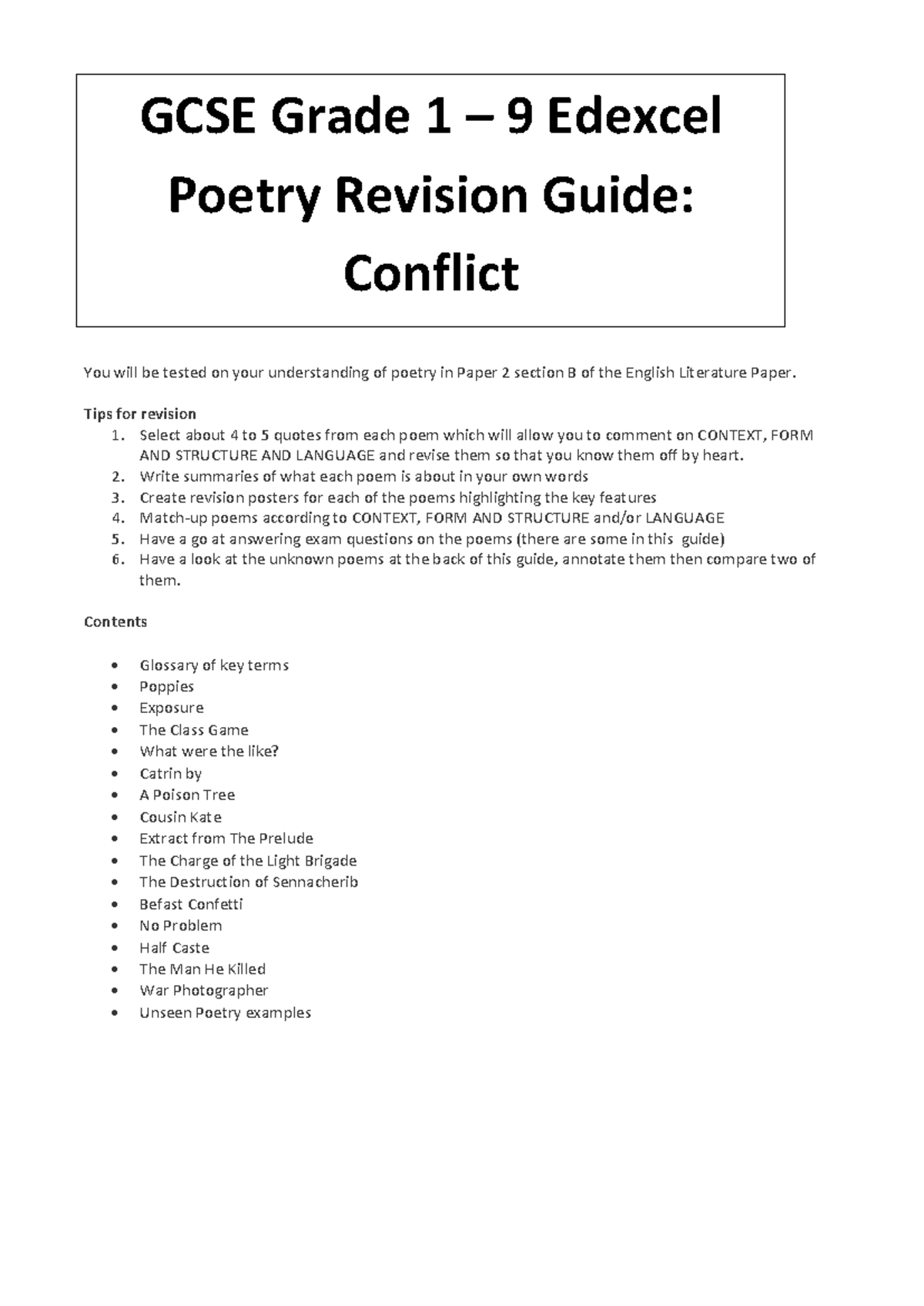 Edexcel Conflict Poetry Study Guide - You will be tested on your ...