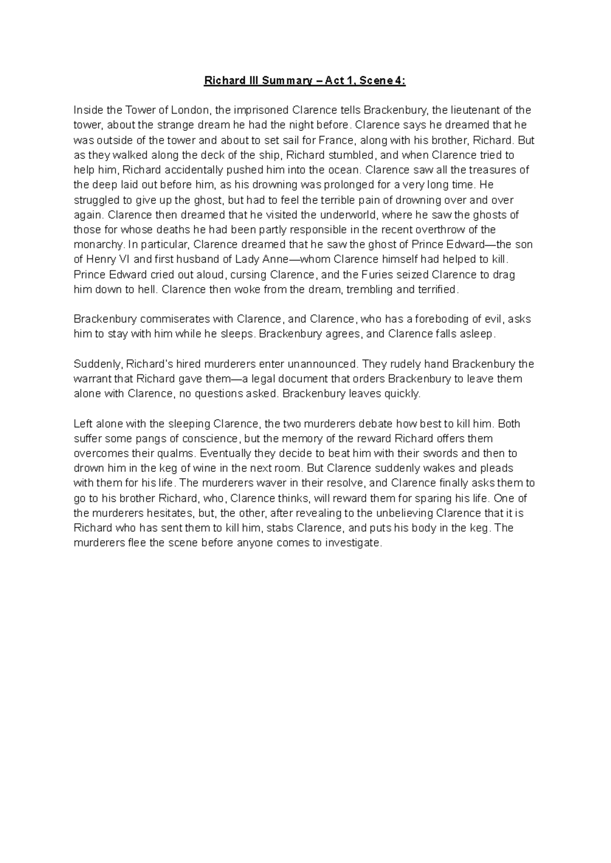 Richard III Summary – Act 1, Scene 4 - Richard III Summary – Act 1 ...