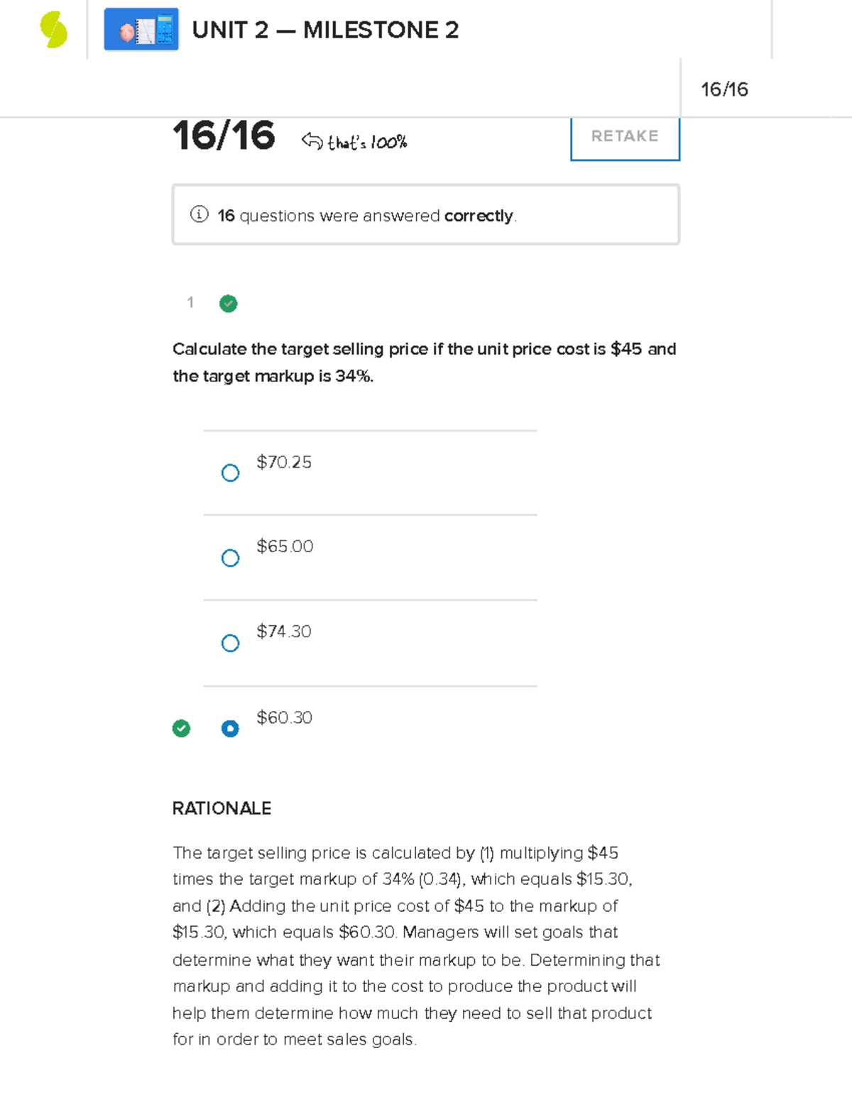 Managerial Accounting Milestone 2 - 1 16 / 16 that's 100% RETAKE 16 ...