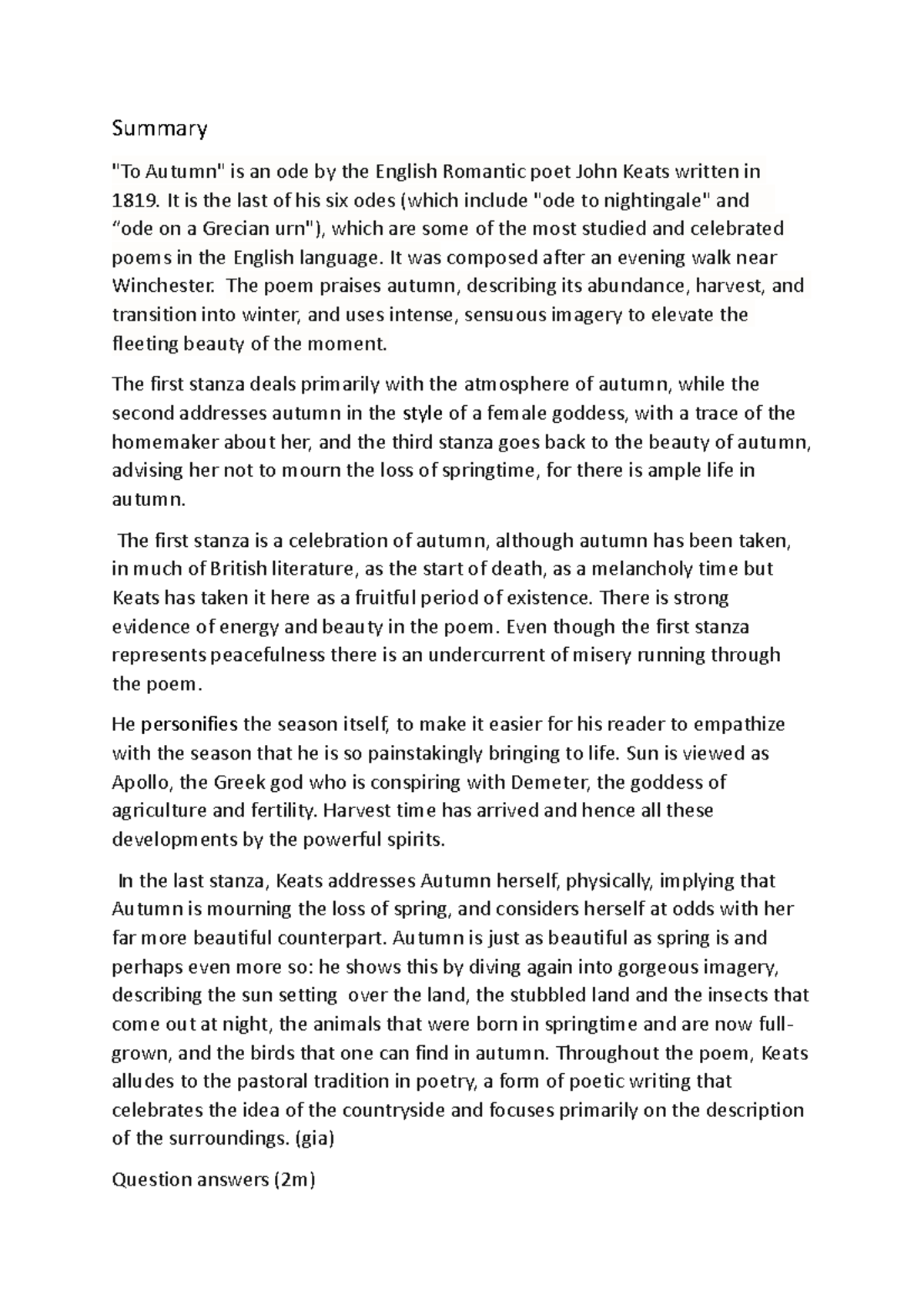 To autumn by john keats - Summary "To Autumn" is an ode by the English ...