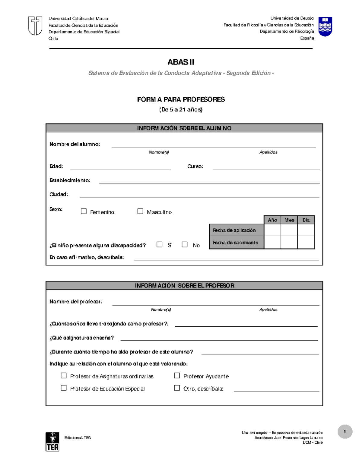ABAS II. Profesores - ABAS - II - Uso rest ringido – En proceso de est ...