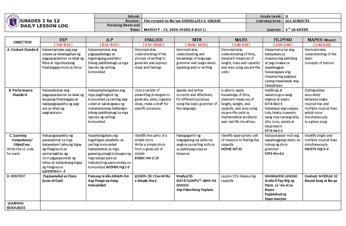 DLL ALL Subjects 2 Q4 W8 D1 - GRADES 1 to 12 DAILY LESSON LOG School: Grade Level: II Teacher ...