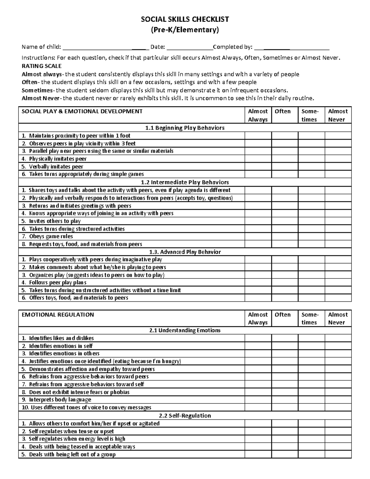 Social Skills Checklist Pre K+Elementary - SOCIAL SKILLS CHECKLIST (Pre ...