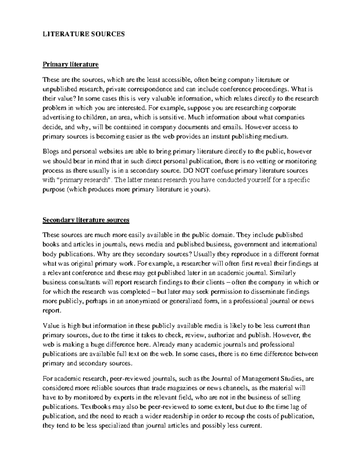 Identification and review of literature - LITERATURE SOURCES Primary ...