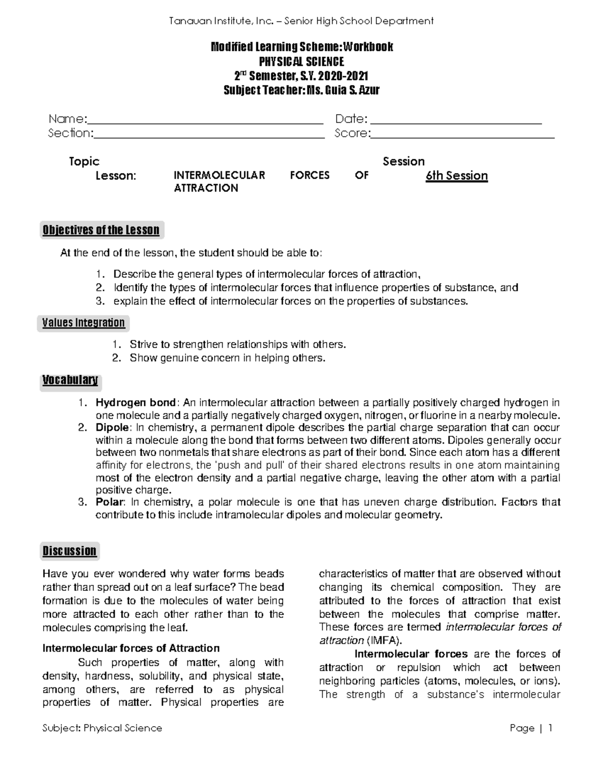 6th Session - Modified Learning Scheme: Workbook PHYSICAL SCIENCE 2 nd ...