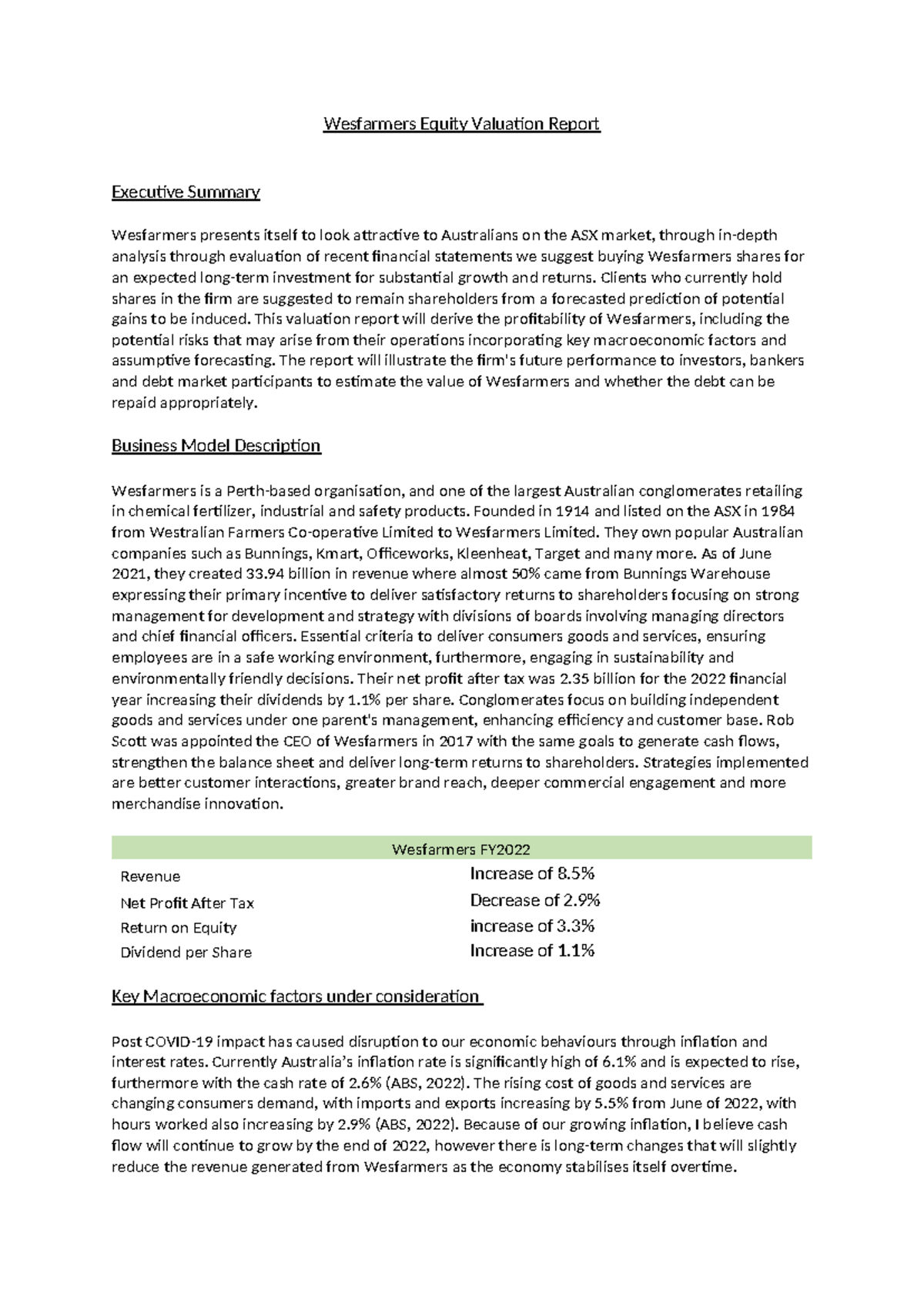 Wesfarmers Equity Valuation Report - Wesfarmers Equity Valuation Report ...