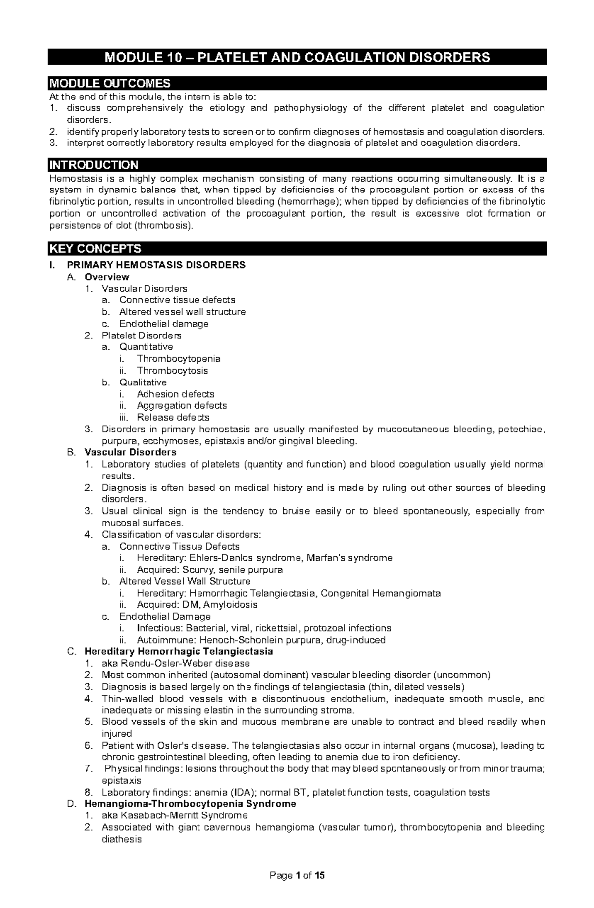 Module-10-Key-Concepts - MODULE 10 3 PLATELET AND COAGULATION DISORDERS ...