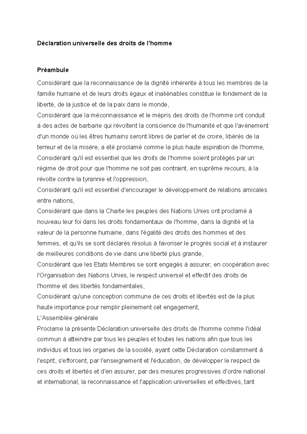 Déclaration universelle des droits de l'homme - Article premier Tous ...