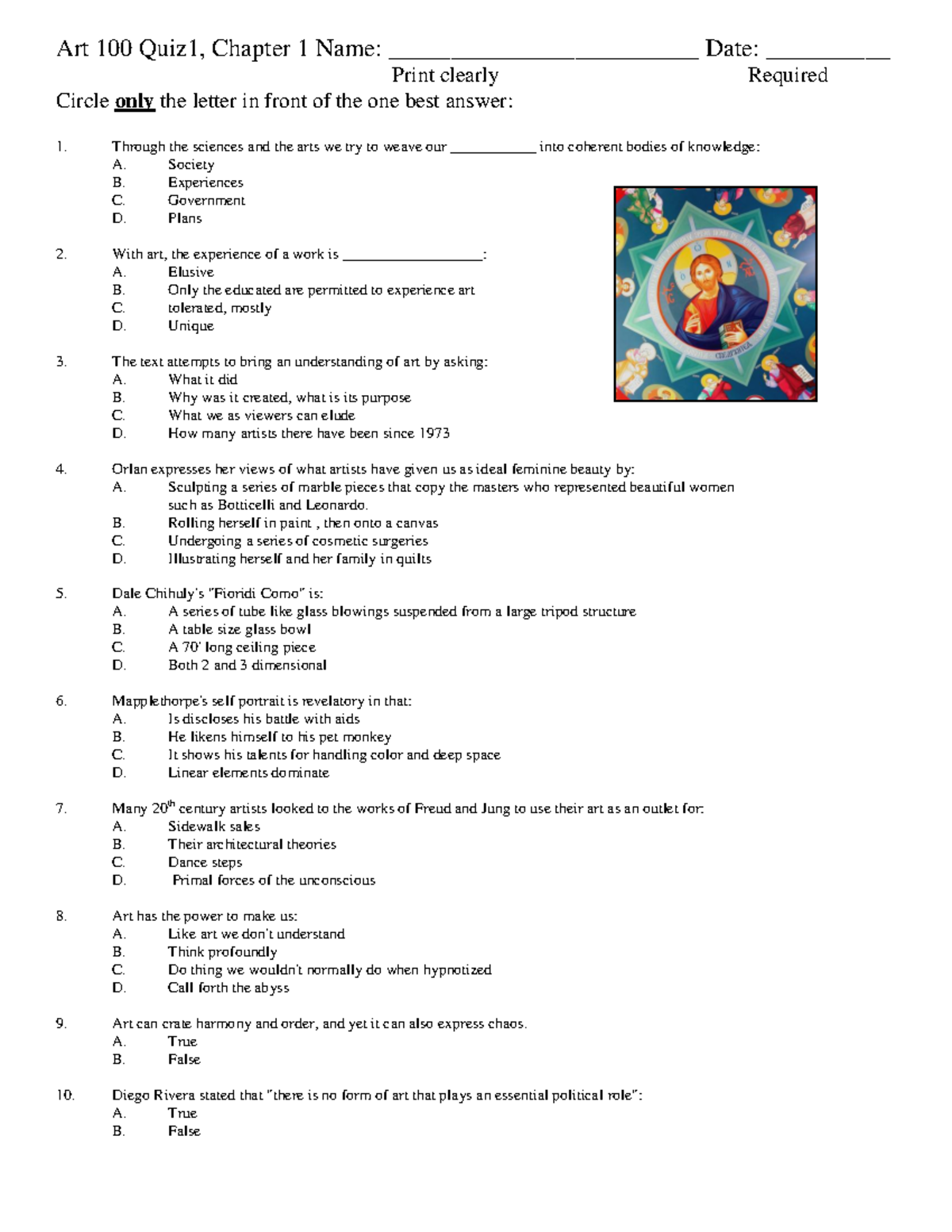 Art 151 Quiz 1 Chapter 1 - Art 100 Quiz1, Chapter 1 Name ...