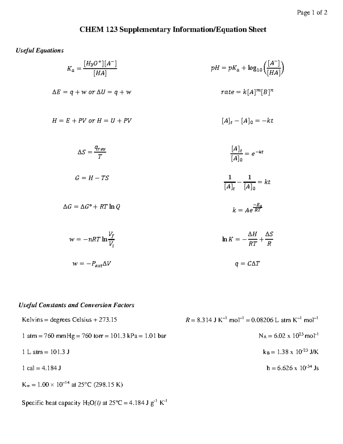 2023W2 CHEM 123 Formula Sheet - Page 1 of 2 CHEM 123 Supplementary ...