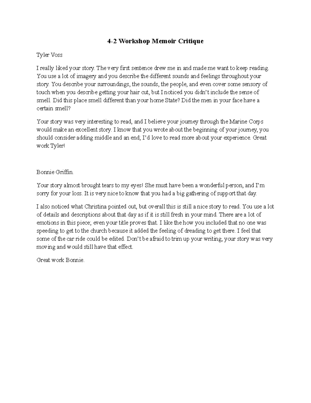4-2 Workshop Critique Memoir - 4-2 Workshop Memoir Critique Tyler Voss ...
