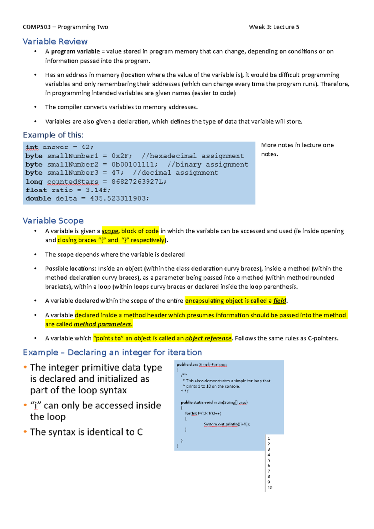 Programming Two Lecture Five - COMP503 – Programming Two Week 3: Lecture 5 Variable Review A ...