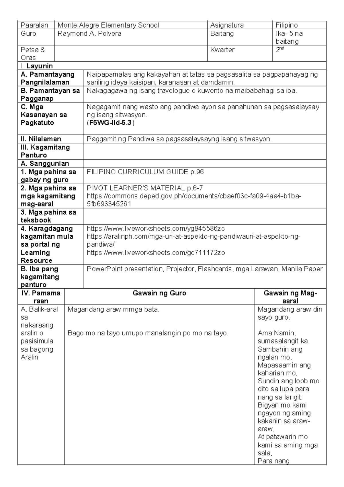 1st Filipino Lesson plan - Paaralan Monte Alegre Elementary School ...