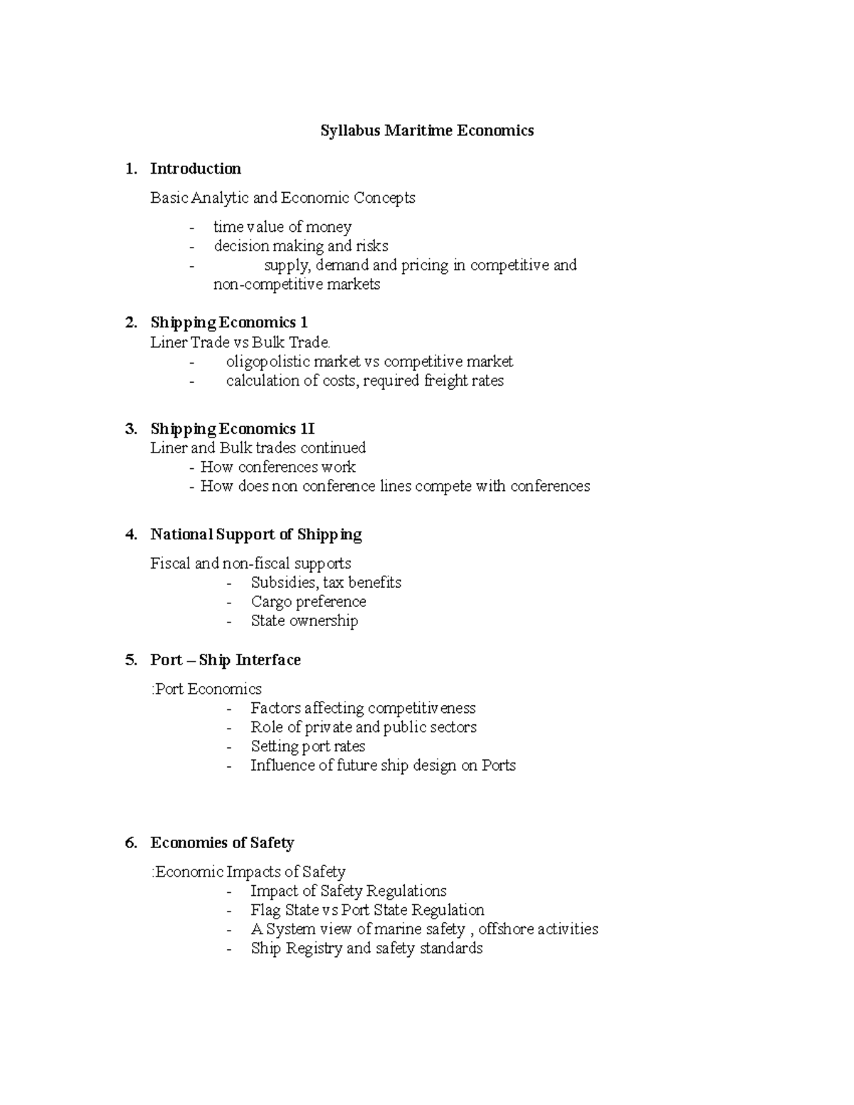 Syllabus Maritime Economic 1 - Introduction Basic Analytic and Economic ...