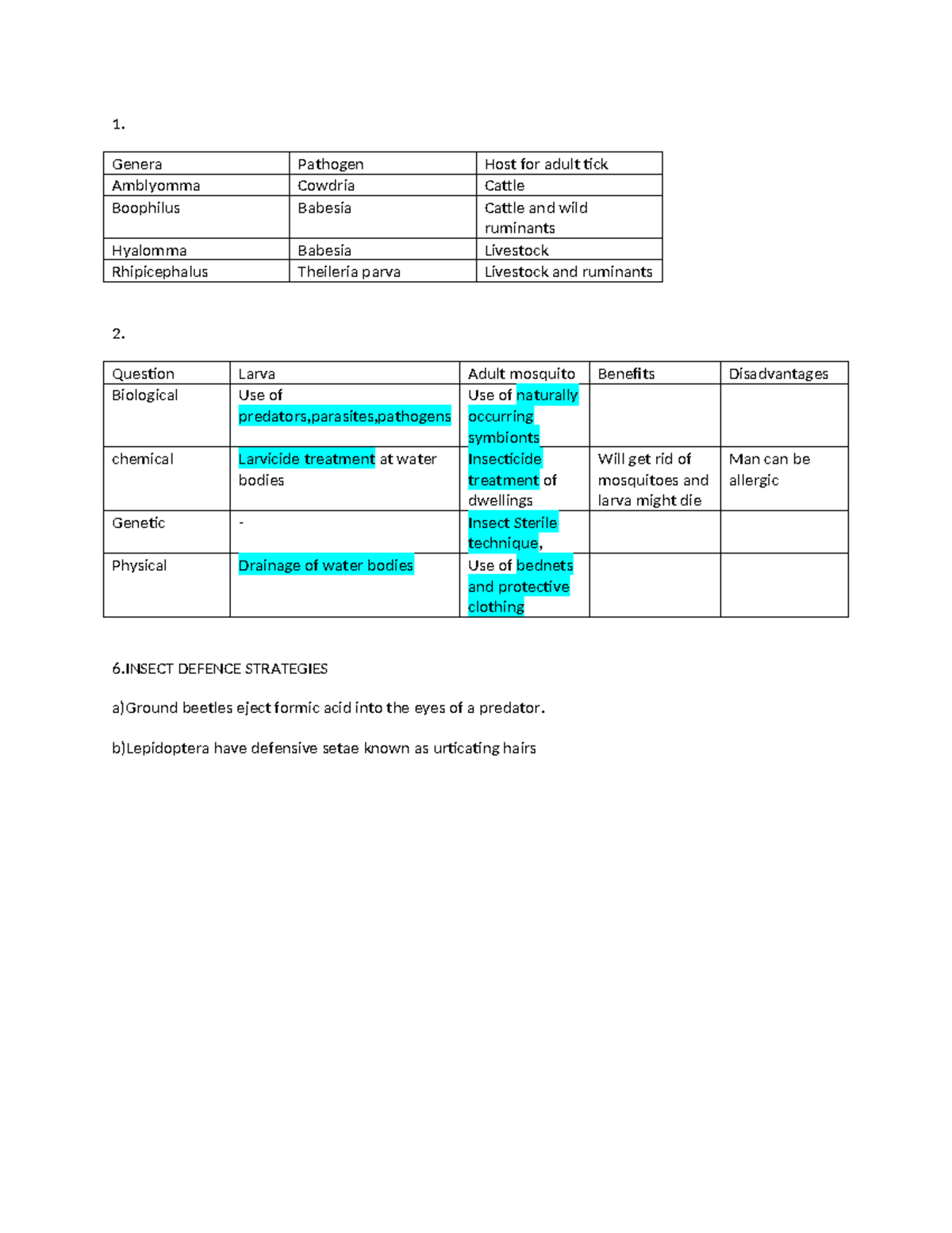Zen 251 semester 1 notes - 1. Genera Pathogen Host for adult tick ...