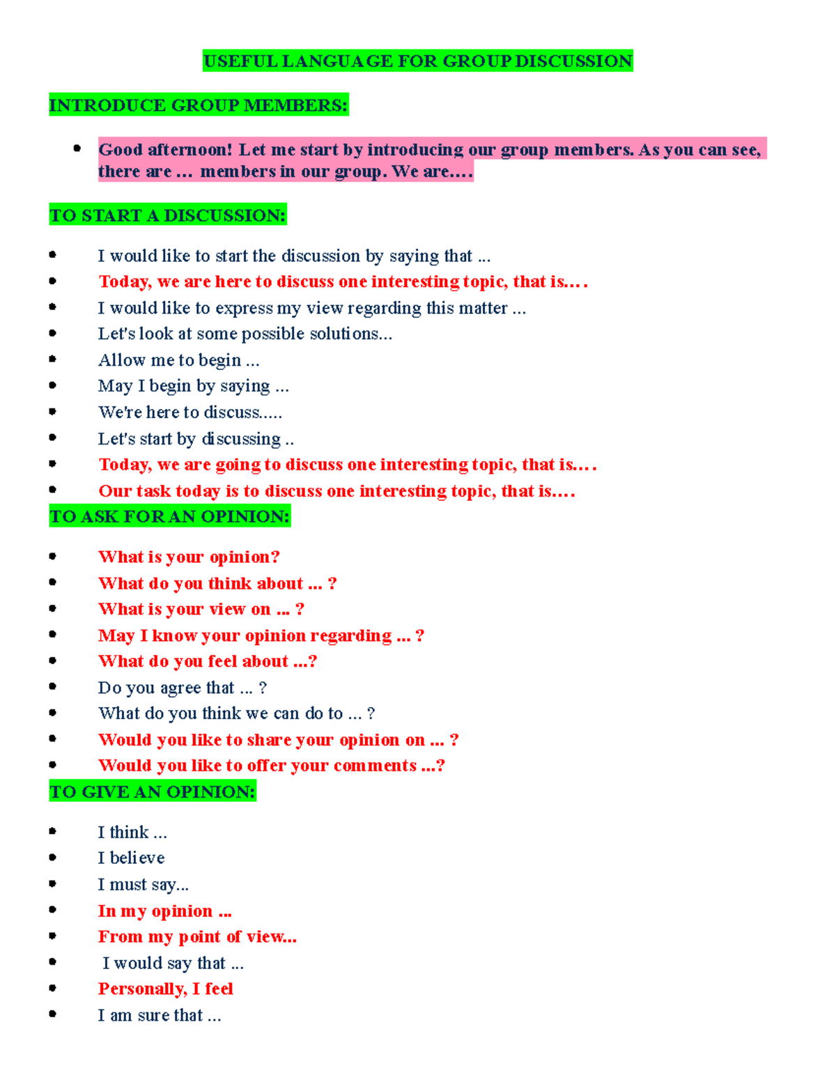 Useful Language FOR Group Discussion - USEFUL LANGUAGE FOR GROUP ...