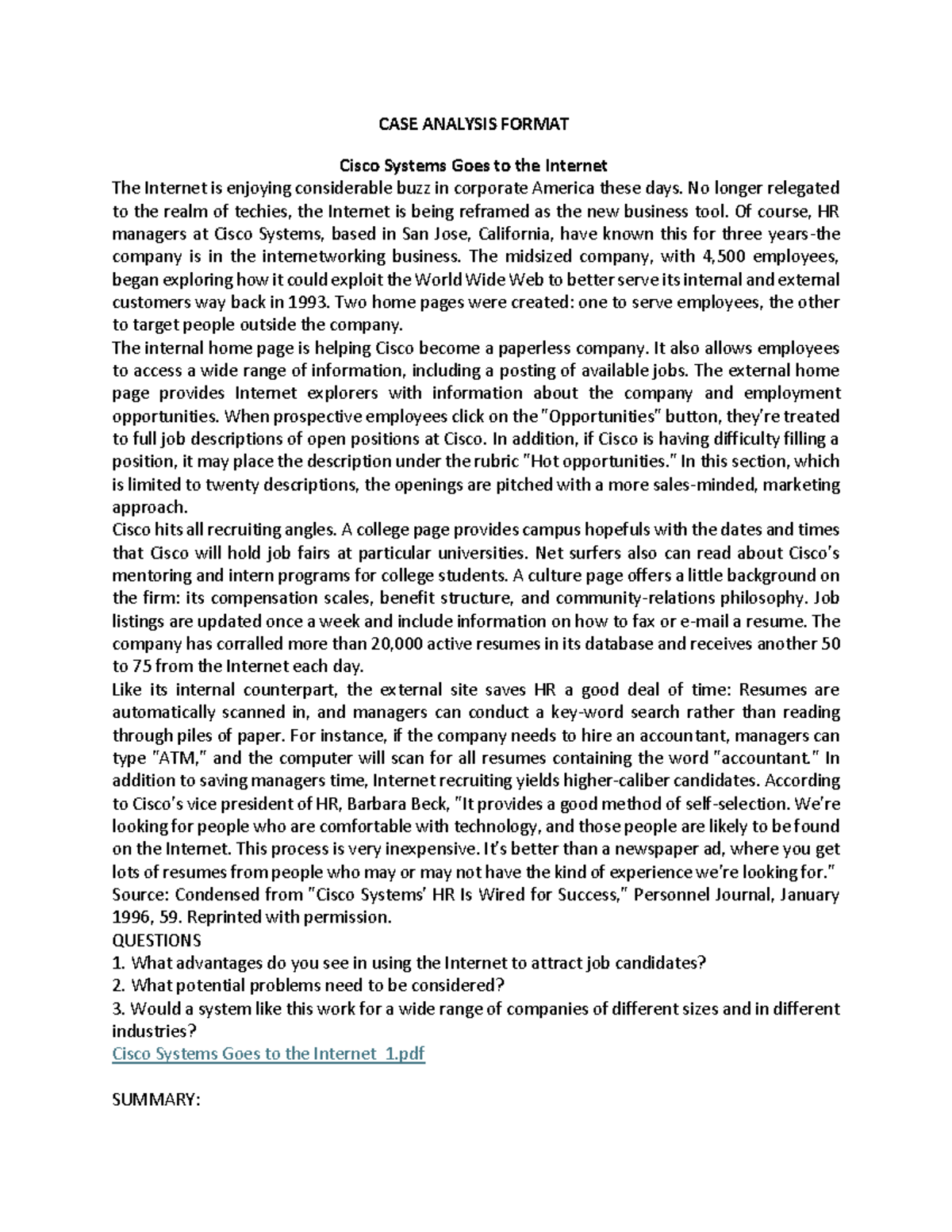 CASE Analysis - Case Study - CASE ANALYSIS FORMAT Cisco Systems Goes to ...