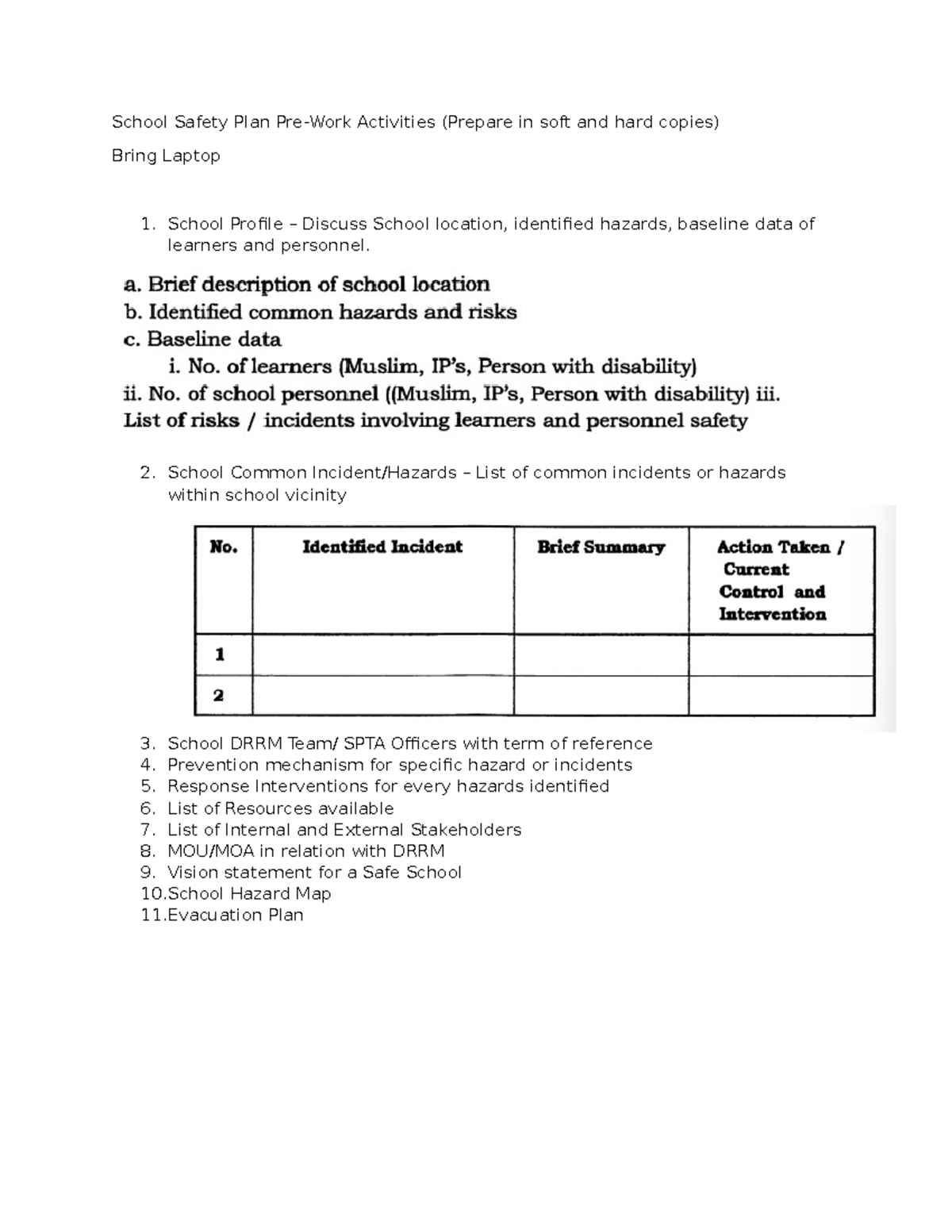 School Safety Plan Pre-Work Activities - School Profile – Discuss ...