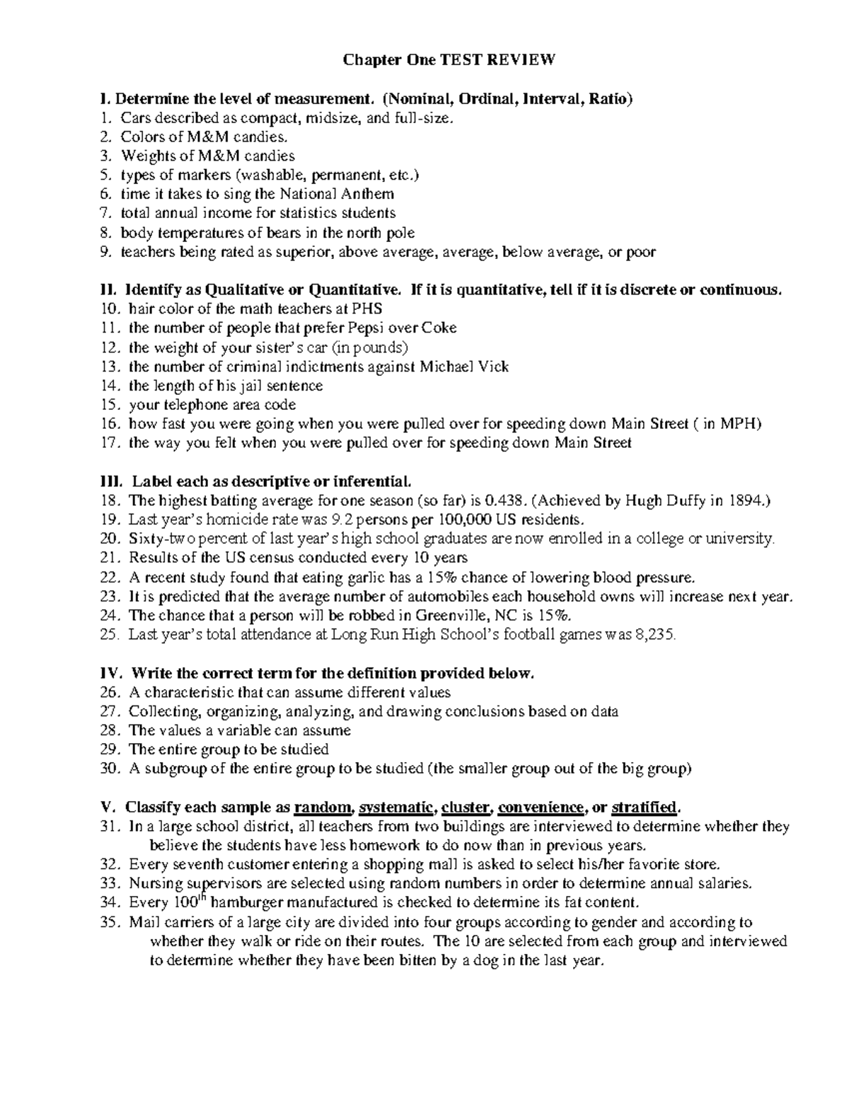 Chapter one review solutions - Chapter One TEST REVIEW I. Determine the ...
