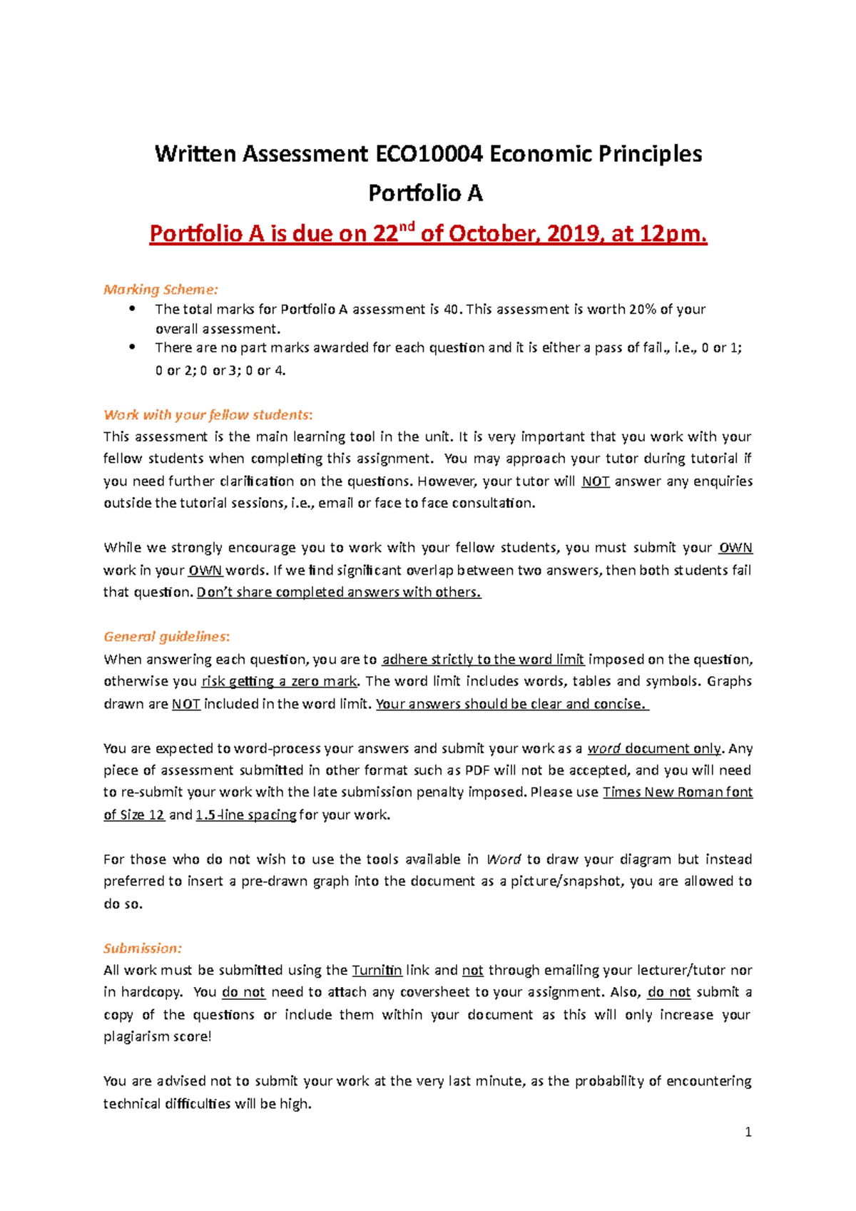 Port - Portfolio A - Written Assessment ECO10004 Economic Principles ...