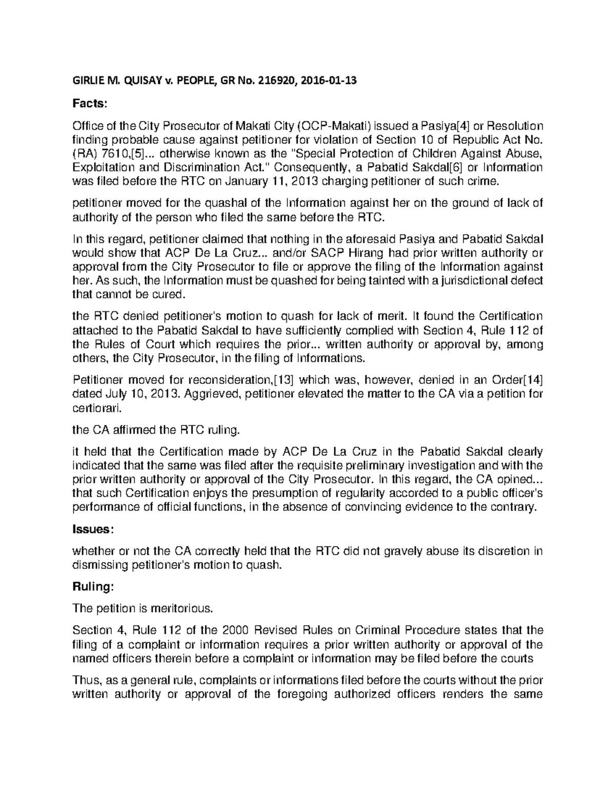 Girlie M. Quisay v. People, GR No. 216920 - GIRLIE M. QUISAY v. PEOPLE ...