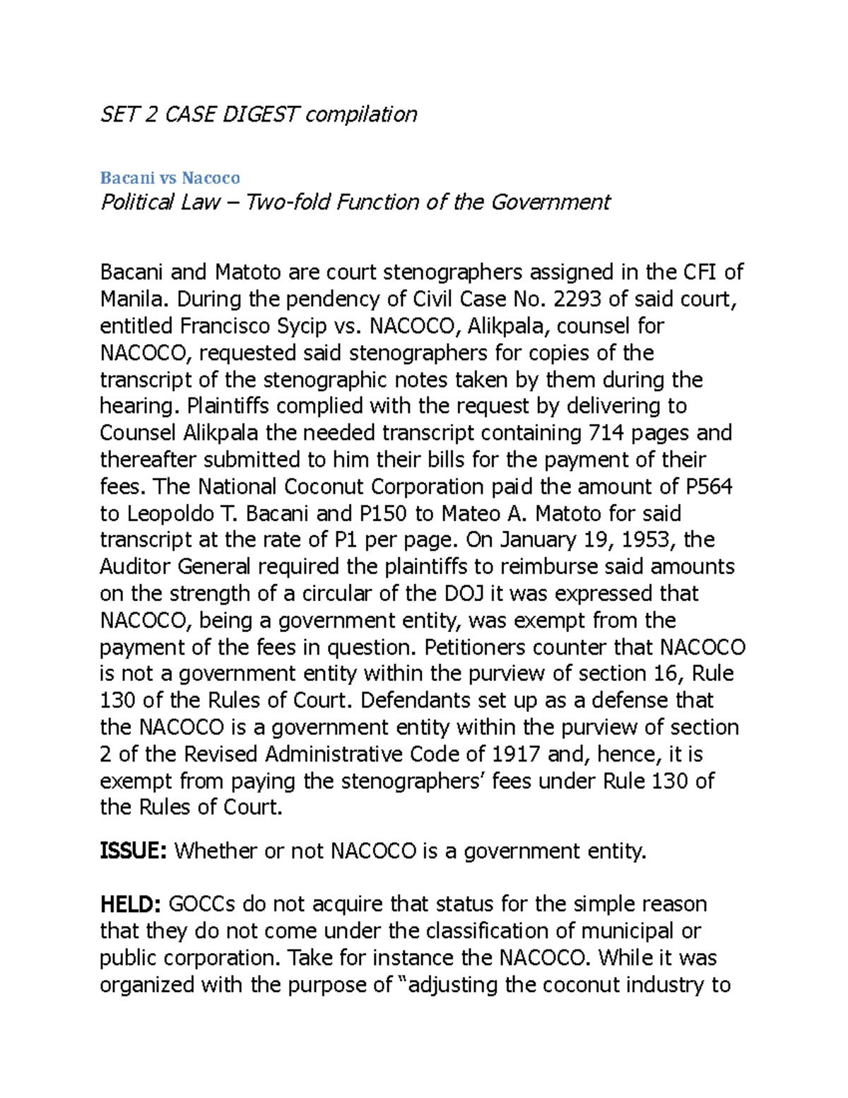 101035118 Set 2 Case Digest Compilation - SET 2 CASE DIGEST compilation Bacani vs Nacoco ...