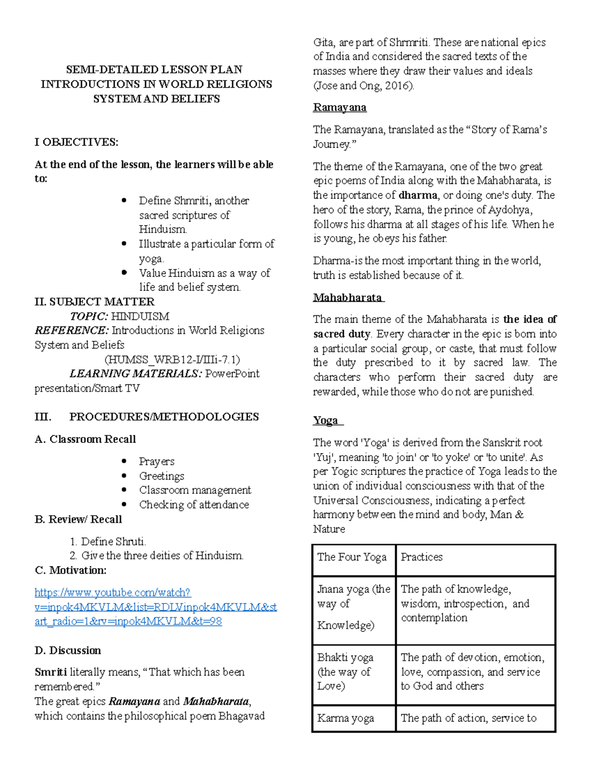 LP Hinduism Smriti - n/a - SEMI-DETAILED LESSON PLAN INTRODUCTIONS IN ...