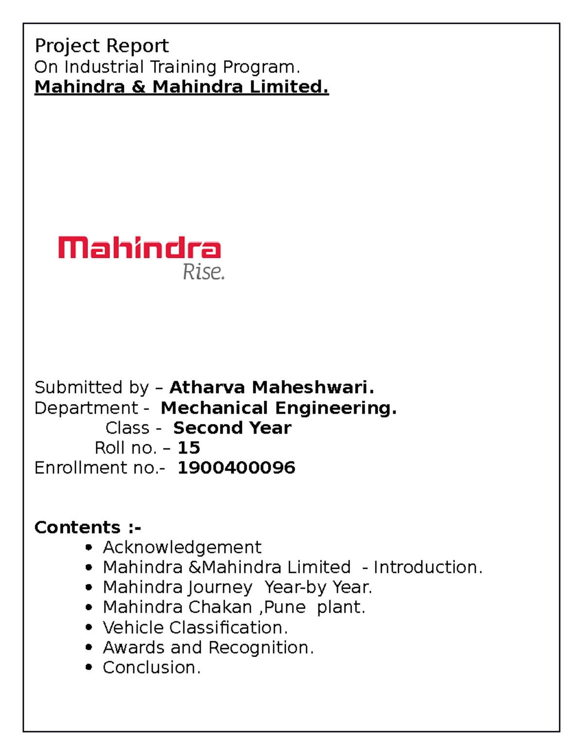 Industrial Training Program report - Project Report On Industrial ...