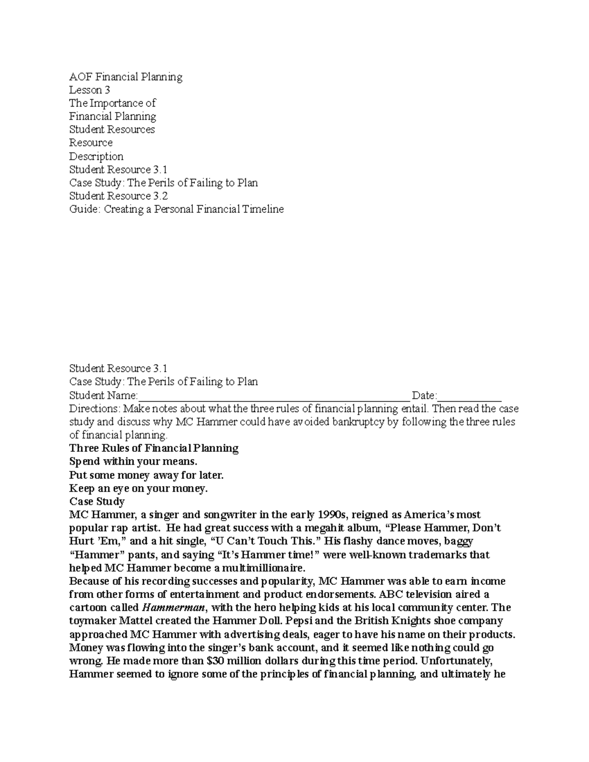 Financial Planning Lesson 3 Student Resource 022715 - AOF Financial ...