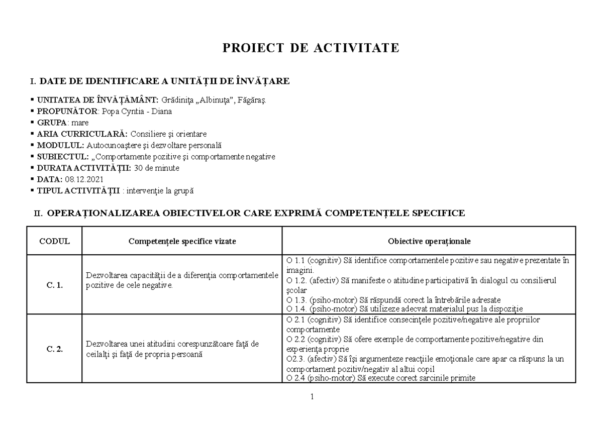 Proiect lectie - Albinuta - 1 PROIECT DE ACTIVITATE I. DATE DE ...