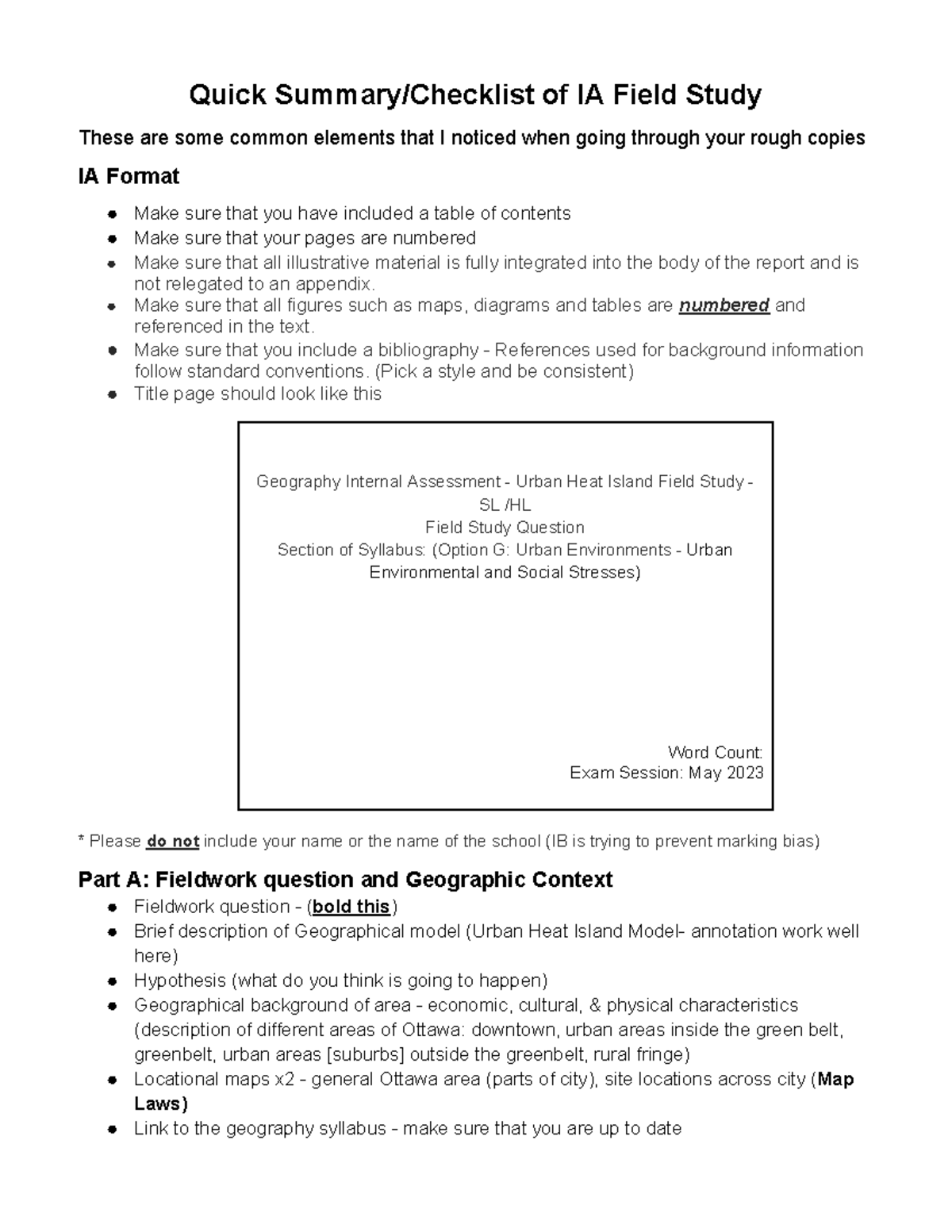 Check List of IA Field Study - UHI - Quick Summary/Checklist of IA ...