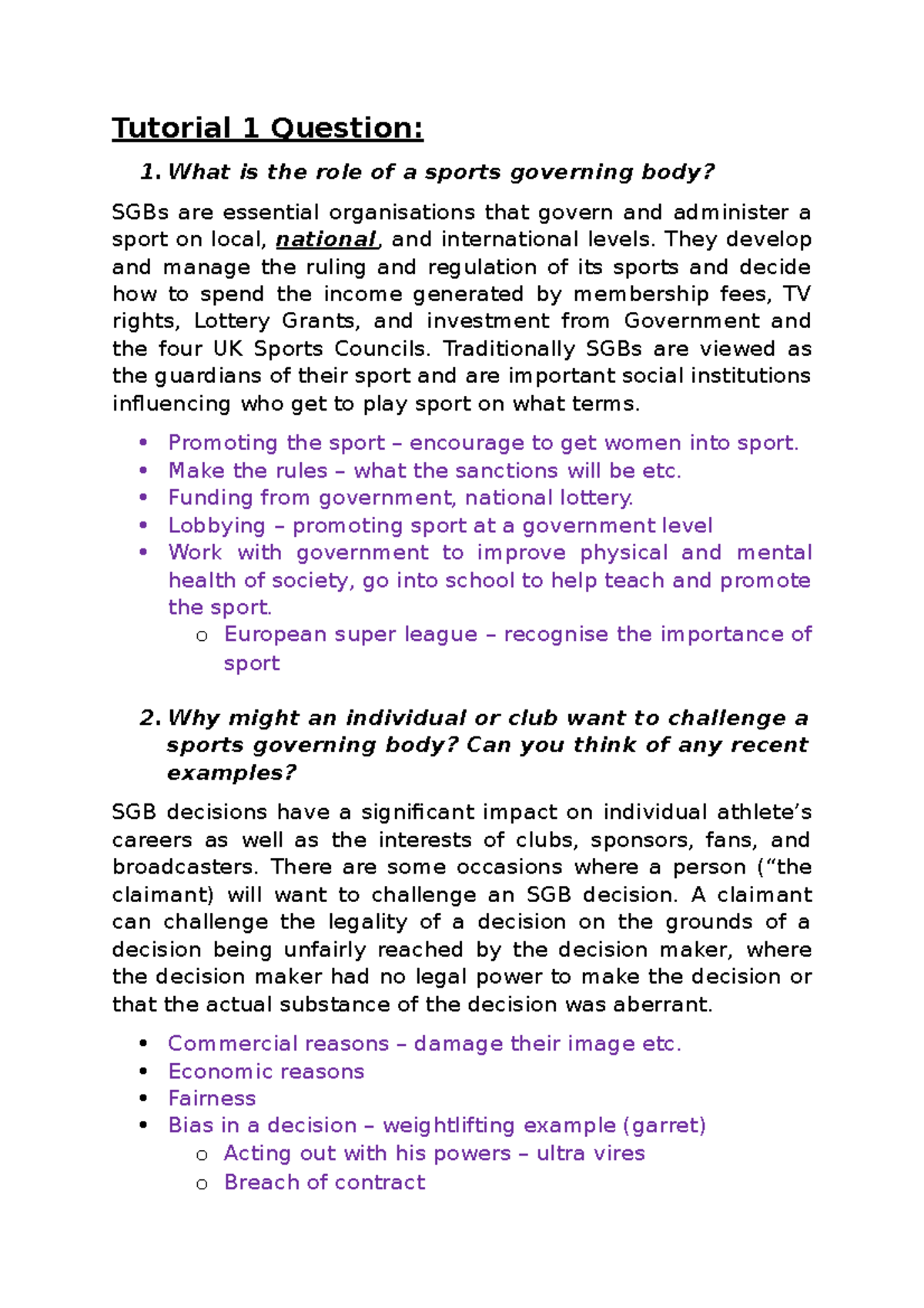 Sports Law tutorial - Tutorial 1 Question: What is the role of a sports ...