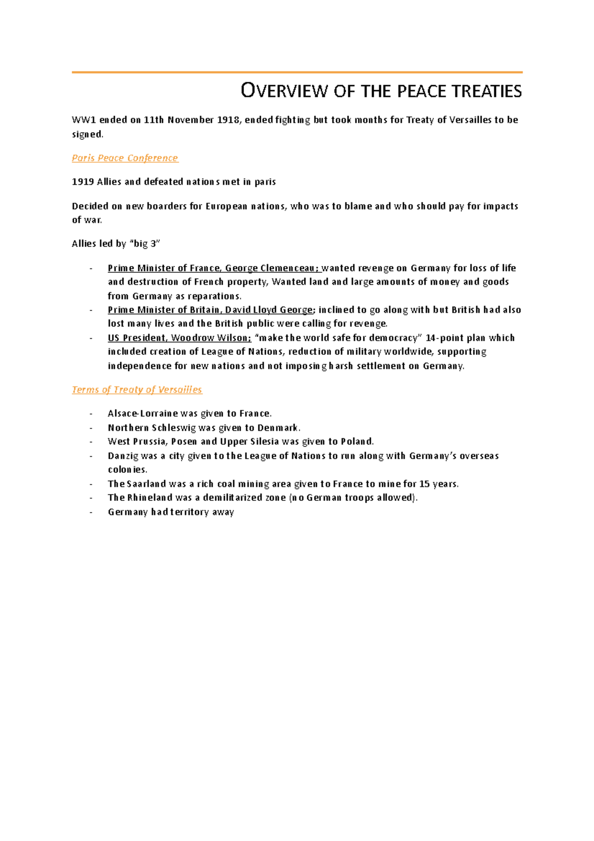 Overview of the peace treaties - OVERVIEW OF THE PEACE TREATIES WW1 ...