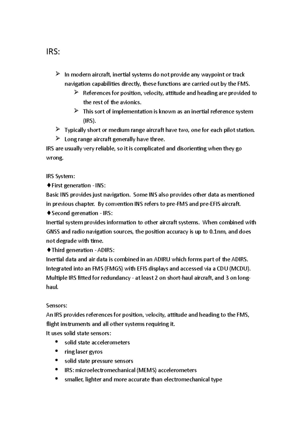 IRS - Notes for the subject - IRS: In modern aircraft, inertial systems ...